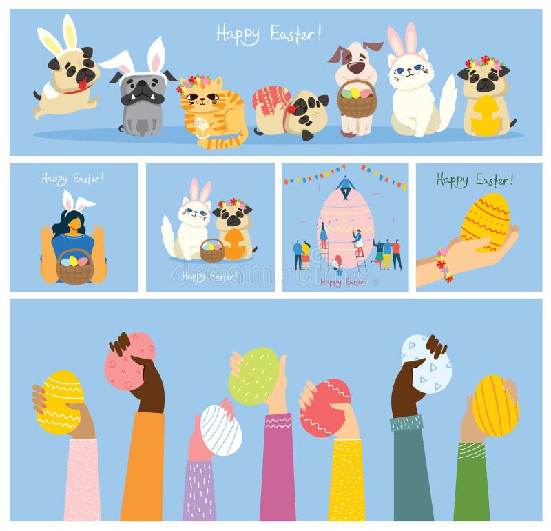 Vector Easter Cards with Animals Holding the Eggs and Hand Drawn Text ...