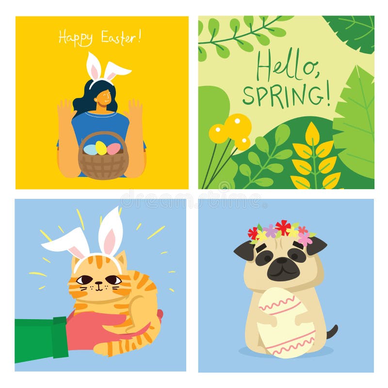 Vector Easter Cards with Animals Holding the Eggs and Hand Drawn Text ...