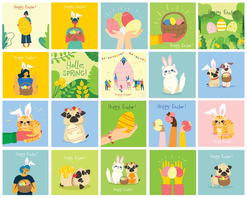Vector Easter Cards with Animals Holding the Eggs and Hand Drawn Text ...