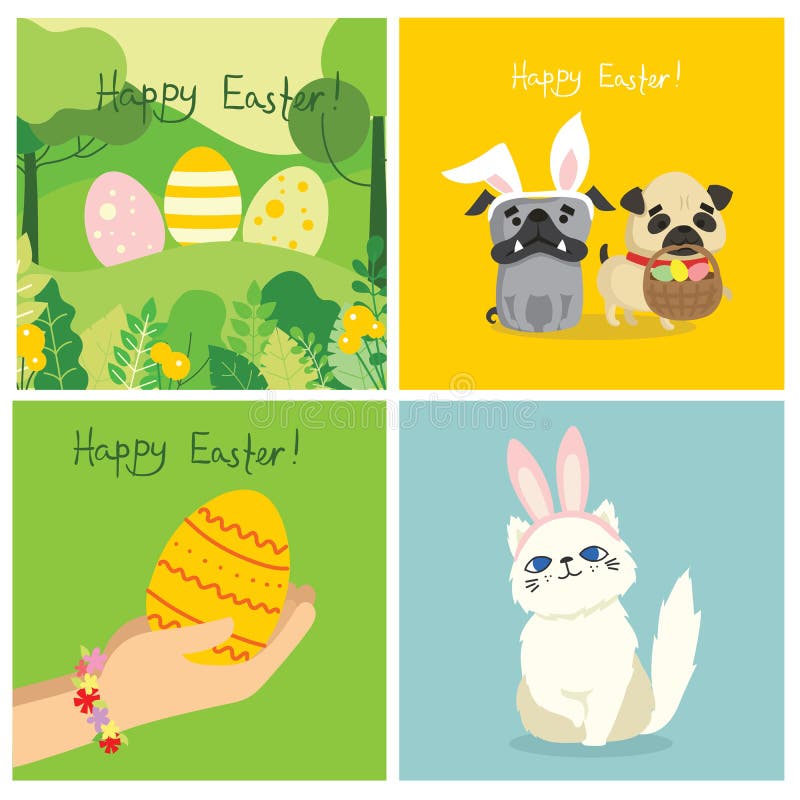 Vector Easter Cards with People Holding the Eggs and Hand Drawn Text ...