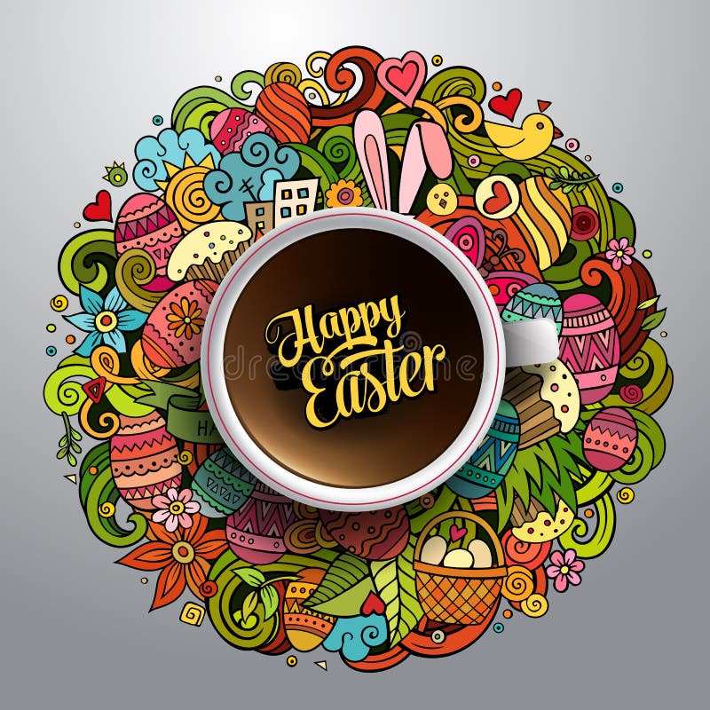 Vector Easter Doodles Illustration with a Cup of Coffee Stock Vector ...