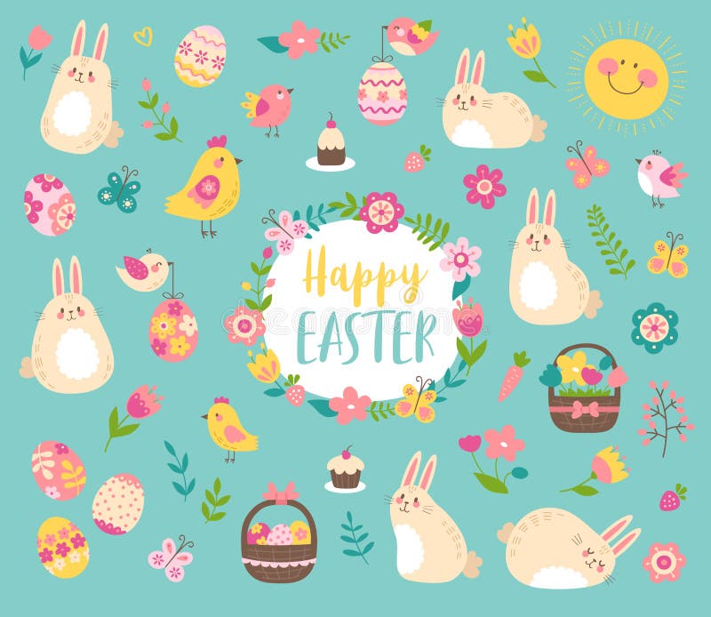 Vector Easter Set with Cute Bunnies, Birds, Flowers and Eggs Stock ...