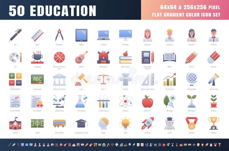 Vector of 50 Education and School Subject. Flat Gradient Color Icon Set. 64x64 and 256x256 Pixel ...