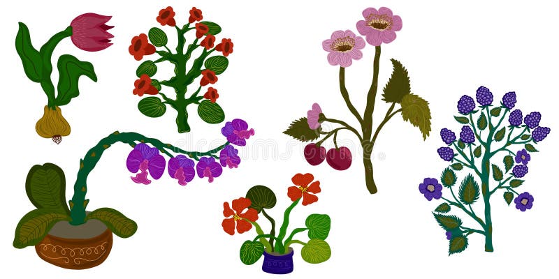 Vector Element Hand Drawn Flat Cartoon Style. Stylized Set of Flowering ...