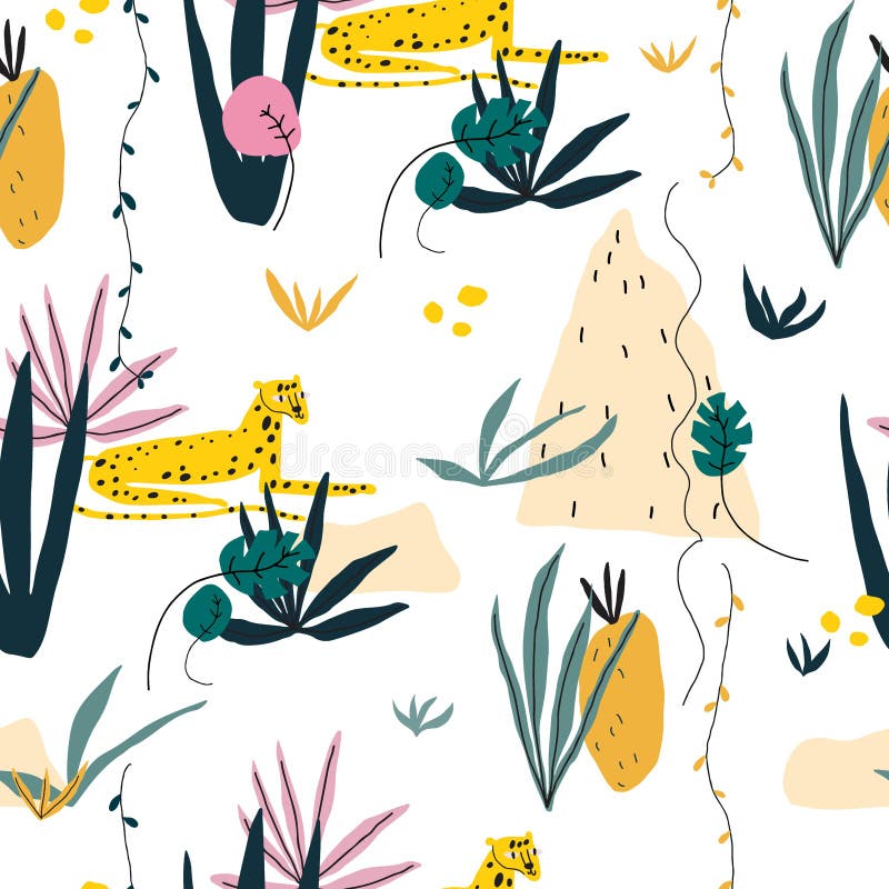 Vector Element of Seamless Pattern with Leopard, Plants, Leaves, Snags ...
