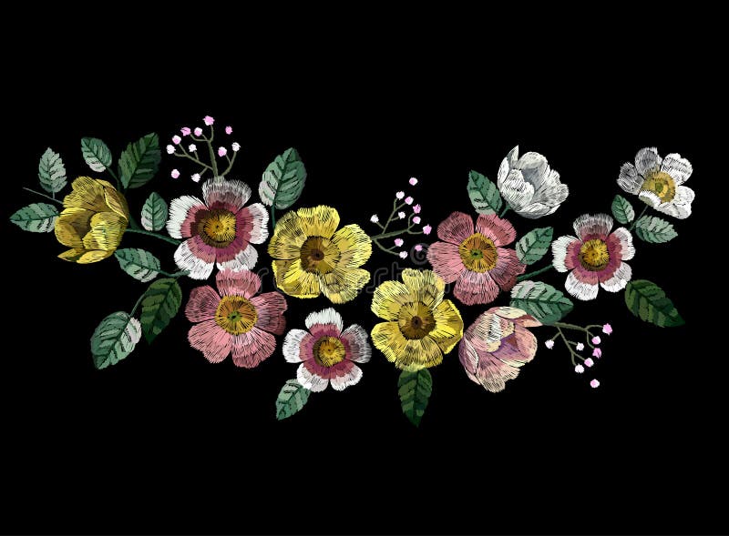 Vector Embroidery with Flowers Stock Vector - Illustration of stitch ...