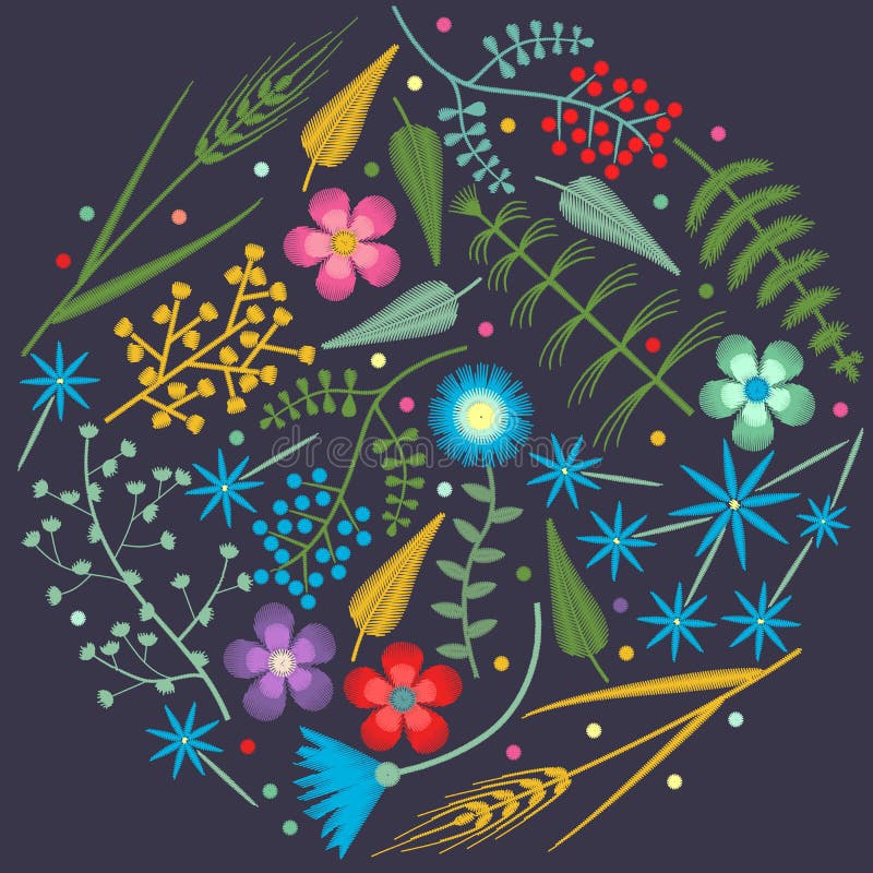 Vector Embroidery Round Pattern with Forest Plants and Field ...
