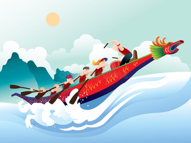 Vector of Energetic People Rowing Dragon Boat in the River. Stock ...