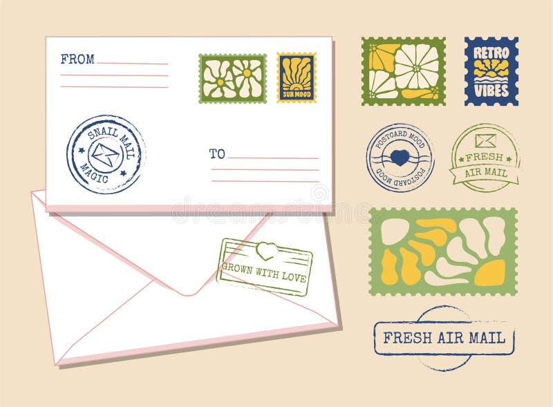 Vector Envelope Mockup with Retro Postmarks and Postal Badges. Mail Art ...