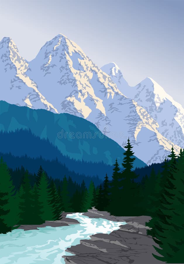 Vector Evening in Beautiful Mountains Forest River Stock Vector ...