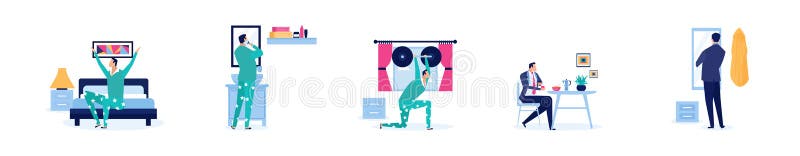 Busy Man Everyday Lifestyle Set, Morning Afternoon Evening and Night ...