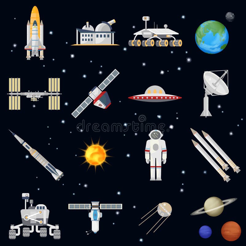 Vector Exploring Space Technology Flat Icon Set. Elegant Style Design ...