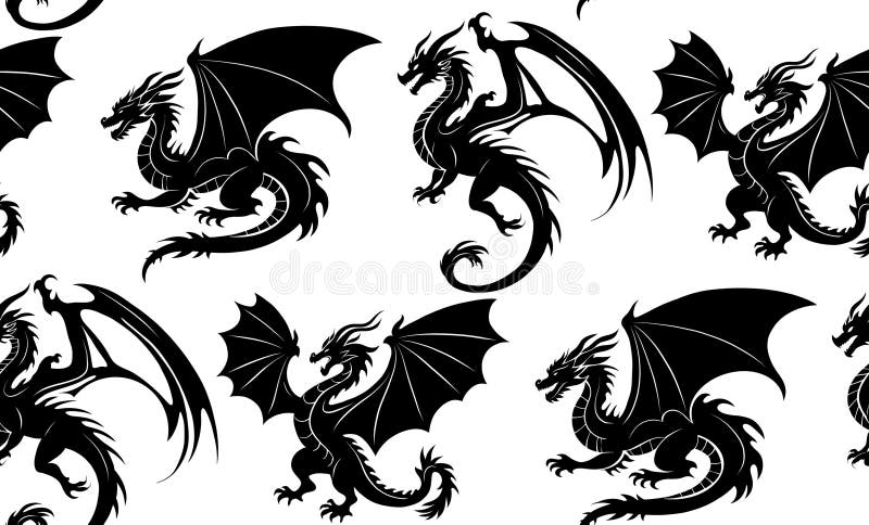 Vector Fairy Tale Seamless Pattern with Black Silhouette of Dragons ...