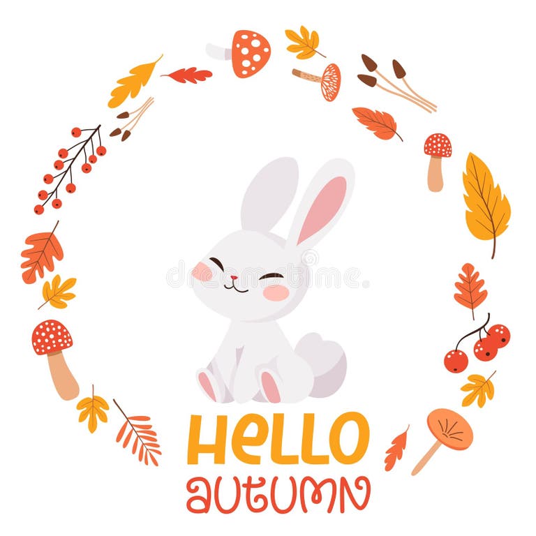 Vector Fall Children S Illustration, Fall Frame. Cute White Bunny ...