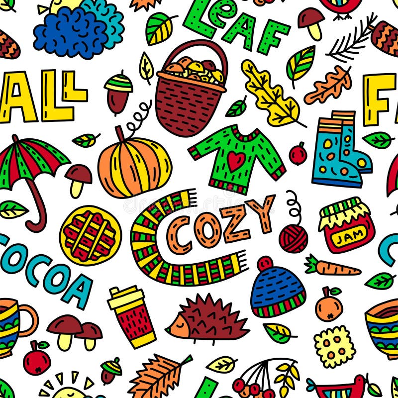 Vector Fall Doodle Seamless Pattern Stock Vector - Illustration of ...