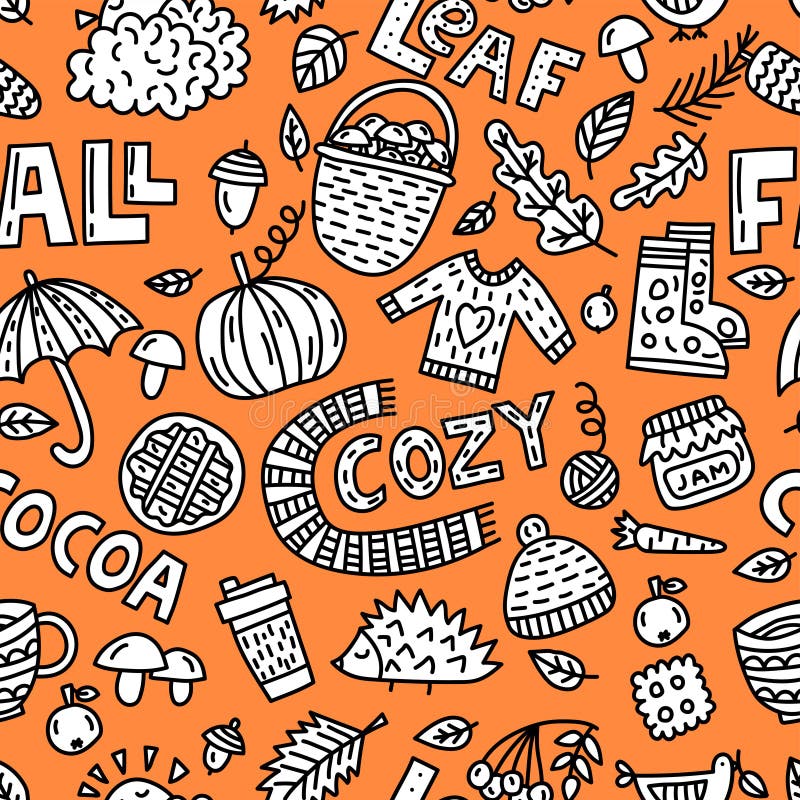 Vector Fall Doodle Seamless Pattern Stock Vector - Illustration of ...