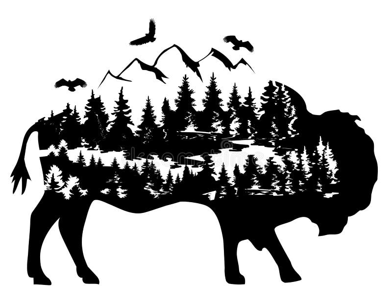 Vector Fantasy Buffalo Silhouette with Mountains. Stock Vector ...