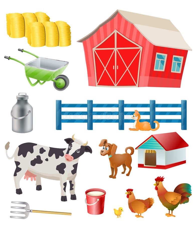 Vector Farm Items and Animals Stock Vector - Illustration of cartoon ...