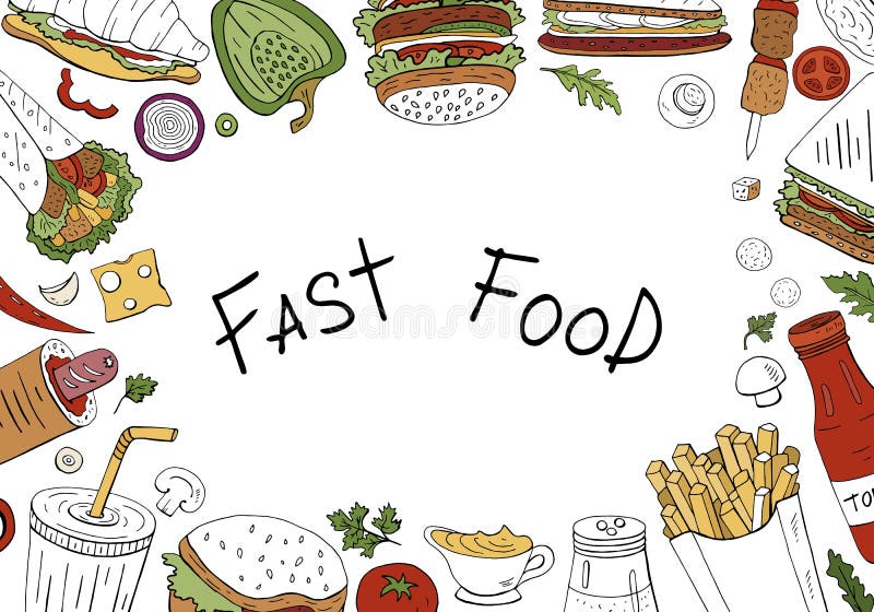 Vector Fast Food Background, Top View on Black Background with Space ...