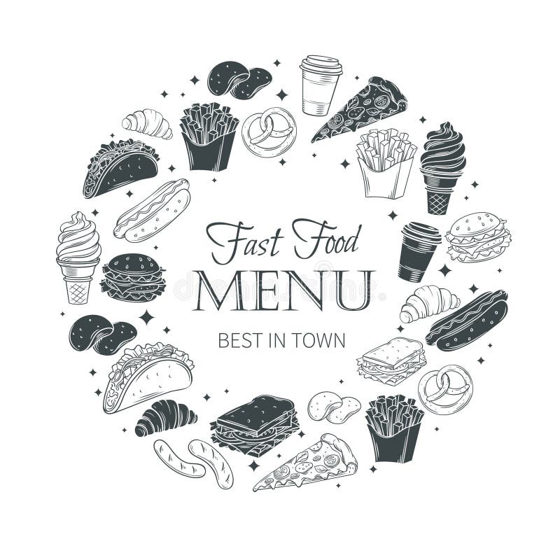 Vector Fast Food Round Banner. Stock Vector - Illustration of drawn ...