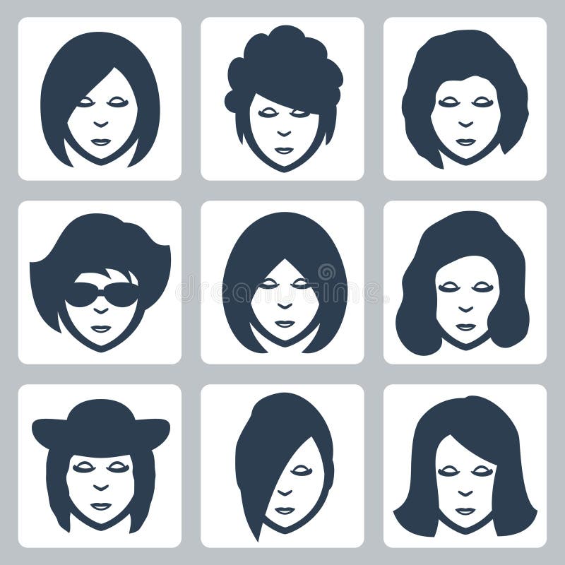 Girl or Woman Faces, Avatar Icons Set Stock Illustration - Illustration ...