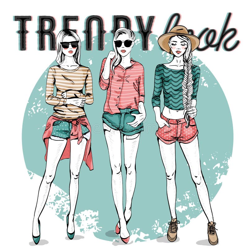 Vector Fijado Con Las Muchachas De Moda Ilustración del Vector ...