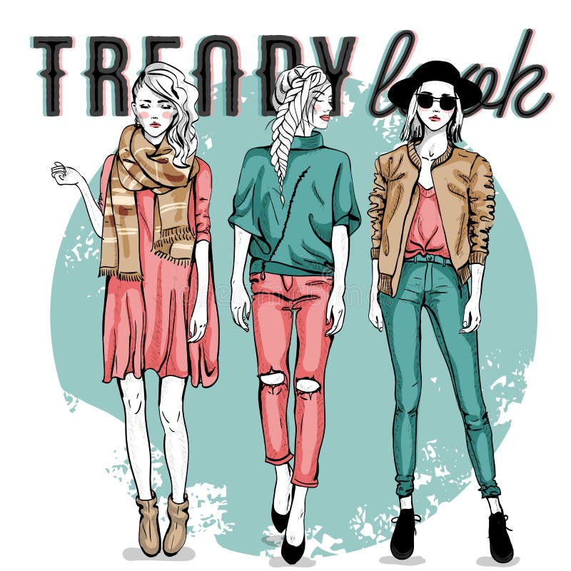 Vector Fijado Con Las Muchachas De Moda Ilustración del Vector ...