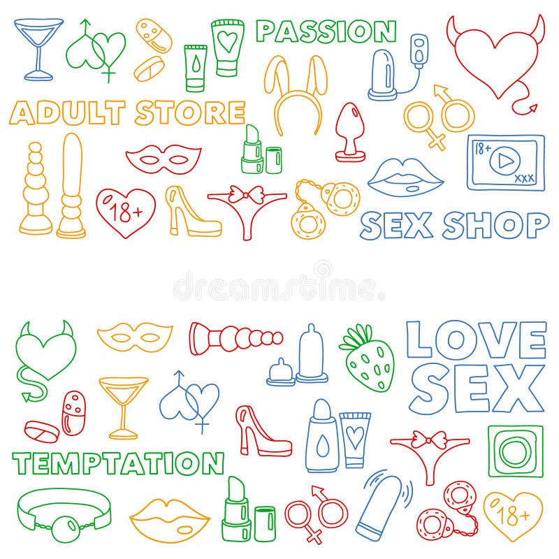 Vector Fijado Con Los Iconos De La Tienda Del Sexo Fondo Ertico De Los