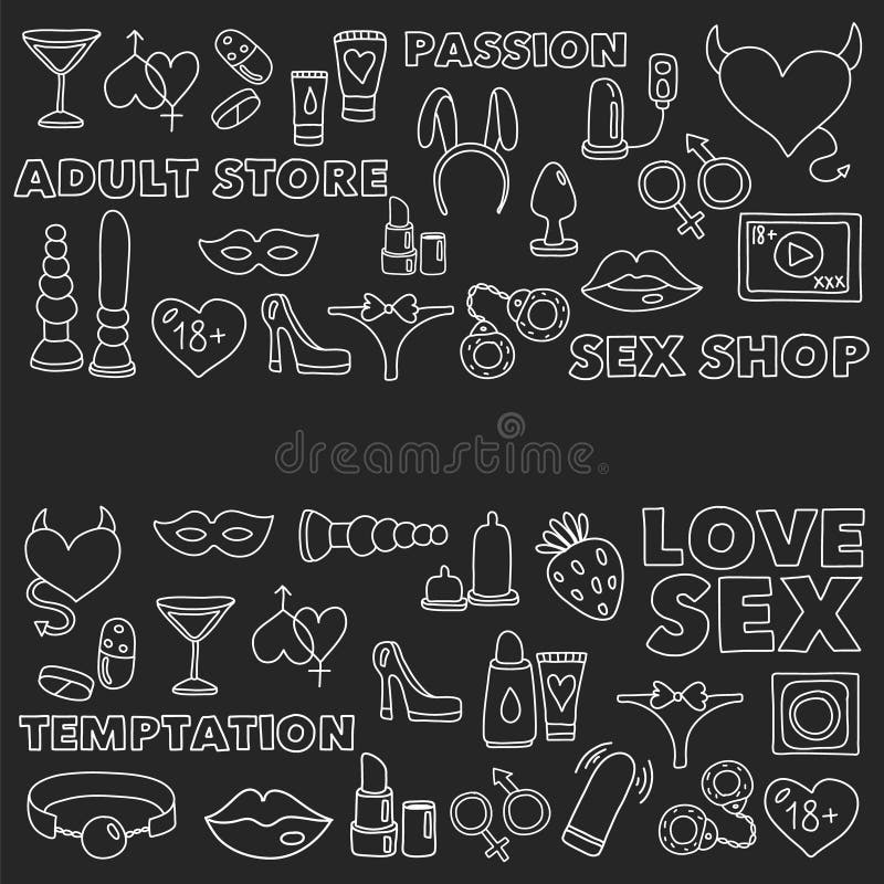 Vector Fijado Con Los Iconos De La Tienda Del Sexo Fondo Erótico De Los