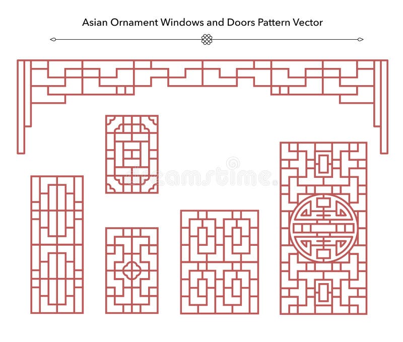 Asian Ornament Windows and Doors Pattern Vector Outline Illustration on ...