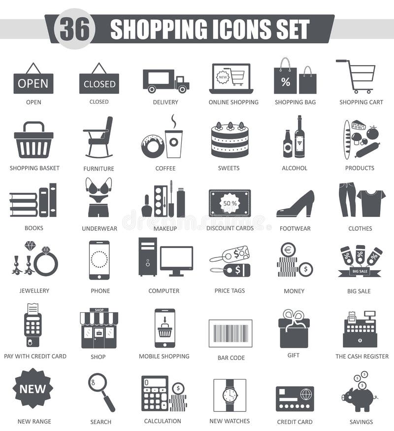 Vector Finance Shopping E-commerce Black Icon Set. Dark Grey Classic ...