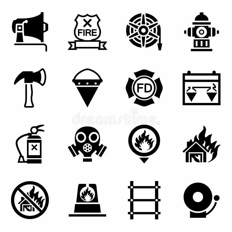 Vector Set Firefighter Fire Safety Flat Icons and Symbols. Stock Vector ...