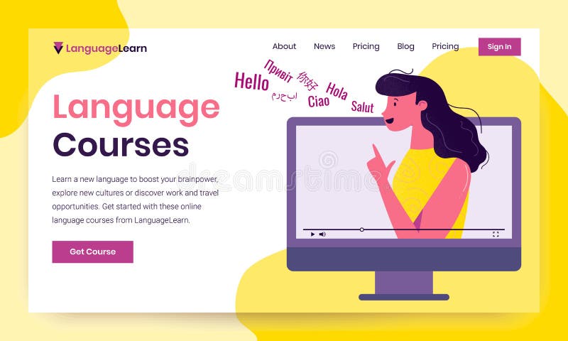 Vector First Screen Template with Female Language Tutor Demonstrating ...