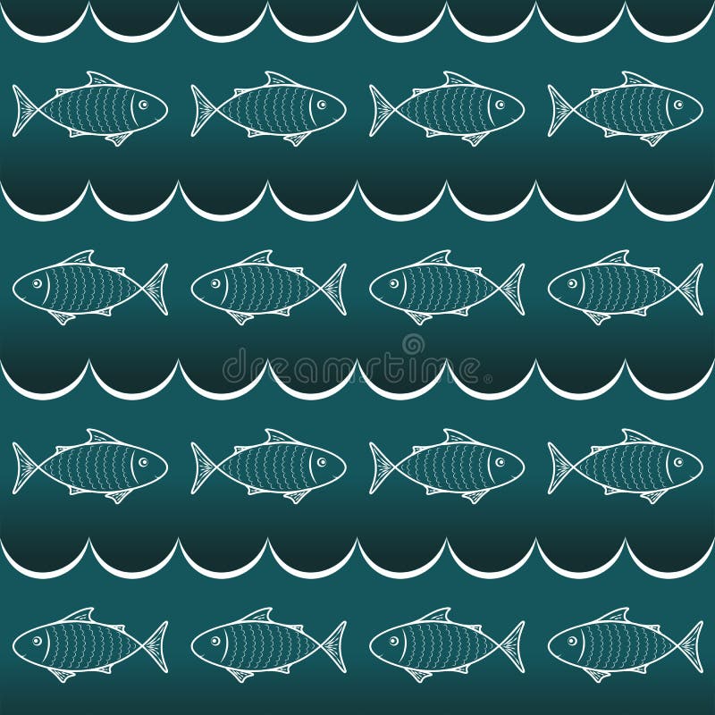 Vector Fishes and Waves on Blue Seamless Pattern Stock Illustration ...