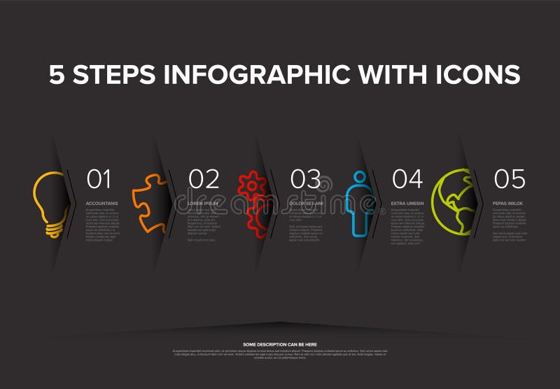 Vector Five Steps Progress Template with Big Arrows and Numbers - Dark ...