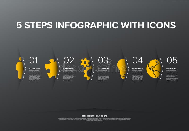 Vector Five Steps Progress or Options Template with Big Icons on Dark ...