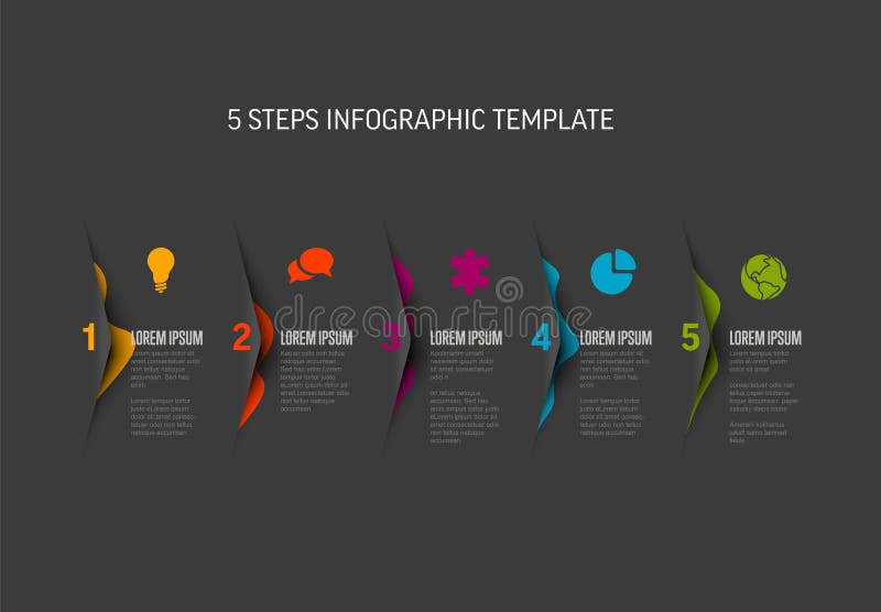 Vector Five Steps Progress or Options Template with Color Icons on Dark ...