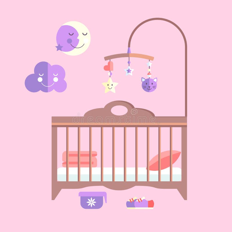 Vector Flat Baby Bed. Infant Bedroom with Mobile Stock Vector ...