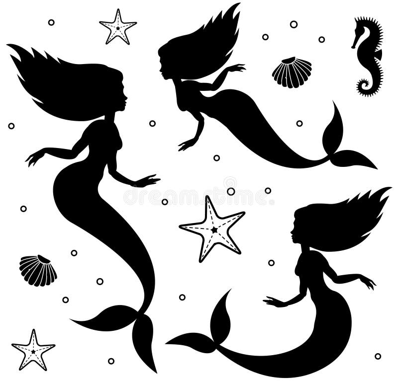 Vector Flat Black Set of Mermaid Silhouette Stock Vector - Illustration ...