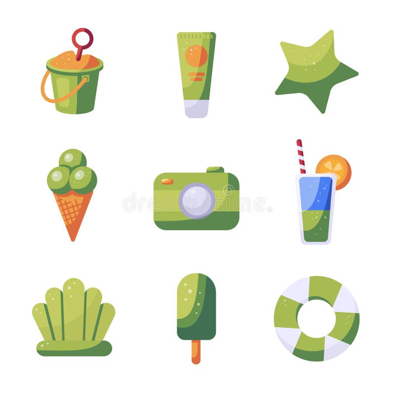 Vector Flat Cartoon Illustration of Beach Icons. Stock Vector ...