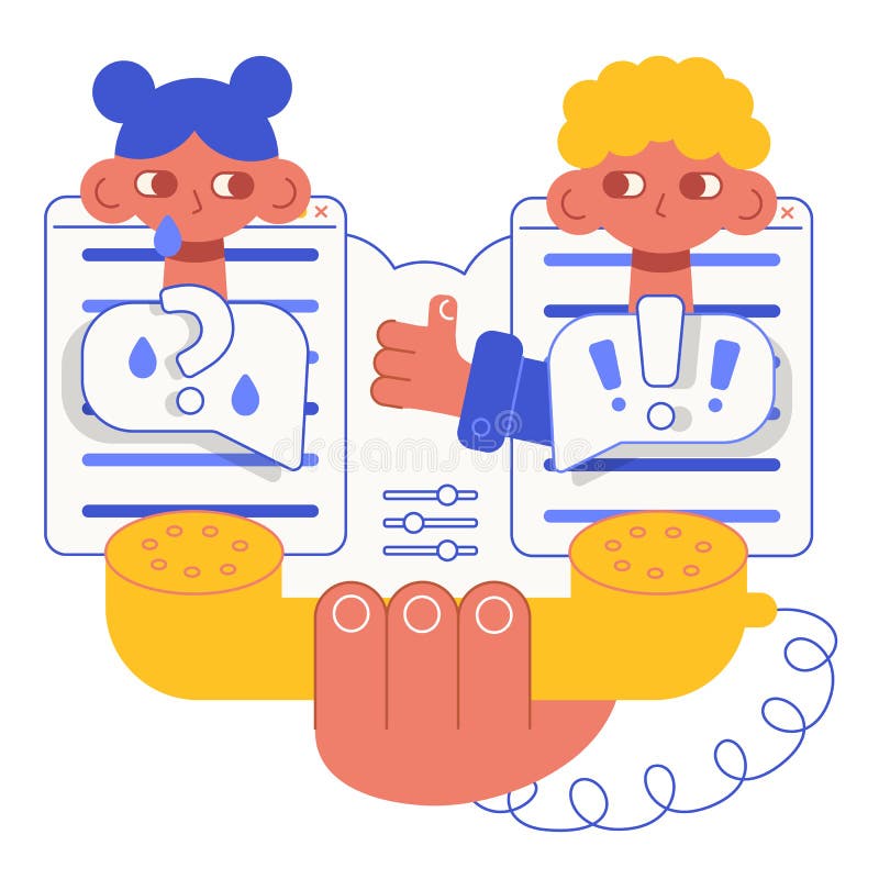 Vector Flat Cartoon Illustration. Help Online and Help by Phone ...