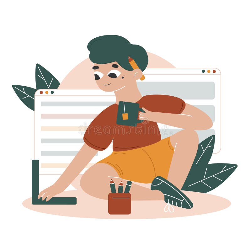Vector Flat Cartoon Illustration. the Programmer Works Online Remotely ...