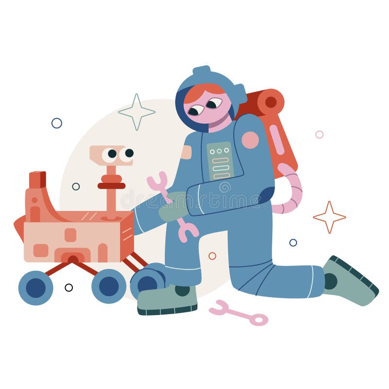 Vector Flat Cartoon Illustration. Space Adventures. Astronaut Fixes the ...