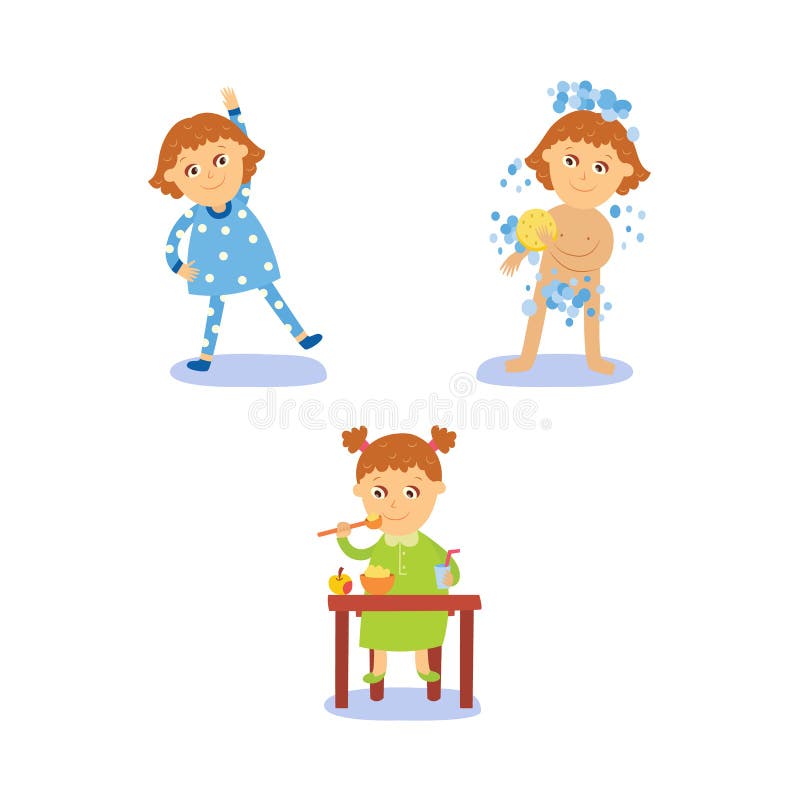 Vector Flat Cartoon Kid Doing Routine Activity Set Stock Vector ... Vector Flat Cartoon Kid Doing Routine Activity Set Stock Vector ...