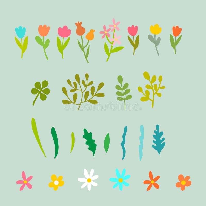 Vector Flat Cartoon Spring Flowers, Leaves Set Stock Vector ...