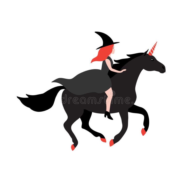 Vector Flat Cartoon Witch Riding Unicorn Stock Illustration ...