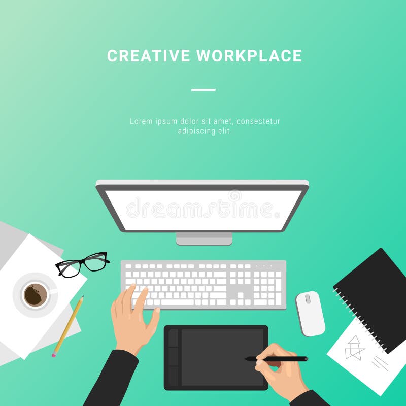 Vector Flat Creative Workplace with Computer, Hand Drawing on Gr Stock ...