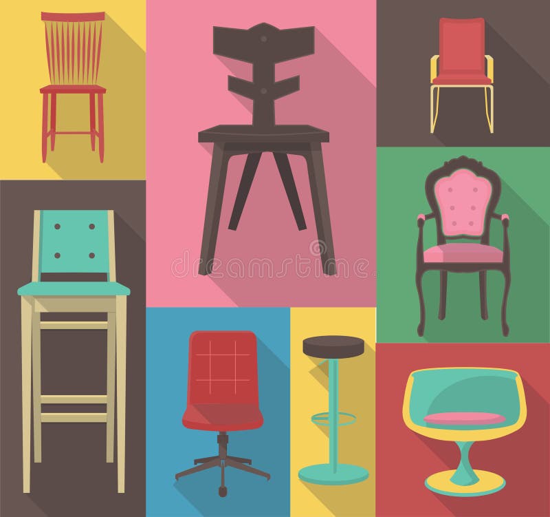 Vector Flat Design Icon Set of Chairs Stock Vector - Illustration of ...