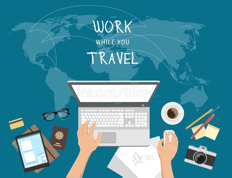 Vector Flat Freelancer Workplace from Above - Traveling, Blogging ...