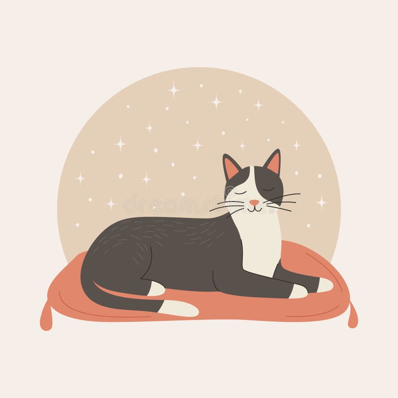 Vector Flat Grey Dreaming Cat. Cartoon Cat Lying on the Mat Stock ...